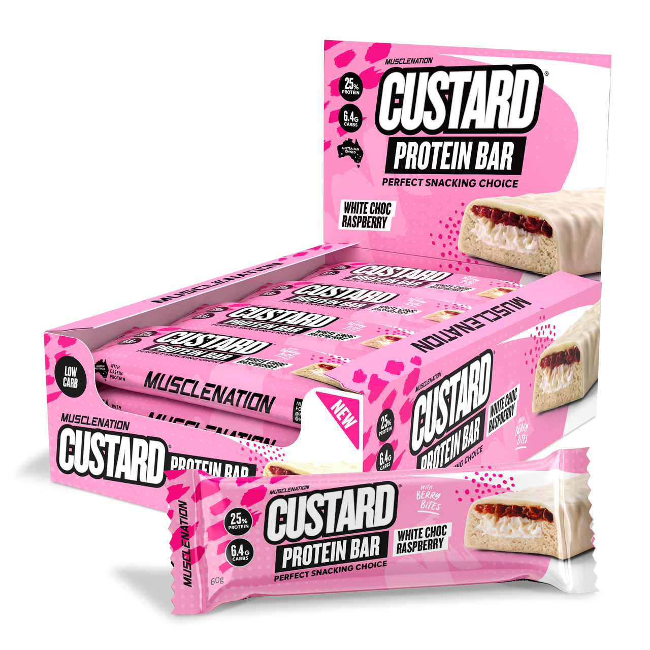 CUSTARD Protein Bar - White Choc Raspberry - Box of 12 - Muscle Nation