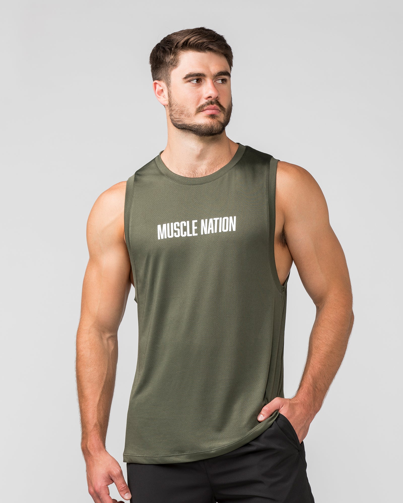 Burly Training Tank - Dark Khaki (White logo) - Muscle Nation