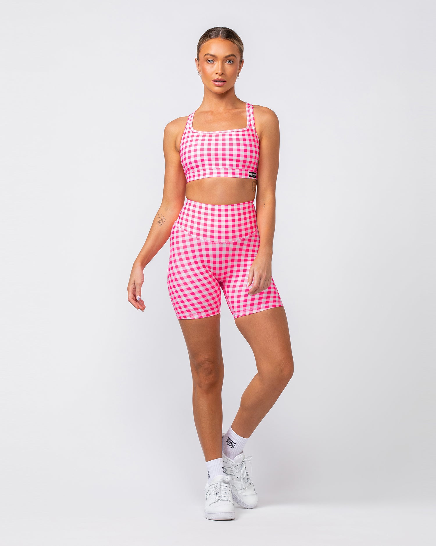 Ultra Aura Bike Shorts - Neon Pink Gingham Print - Muscle Nation